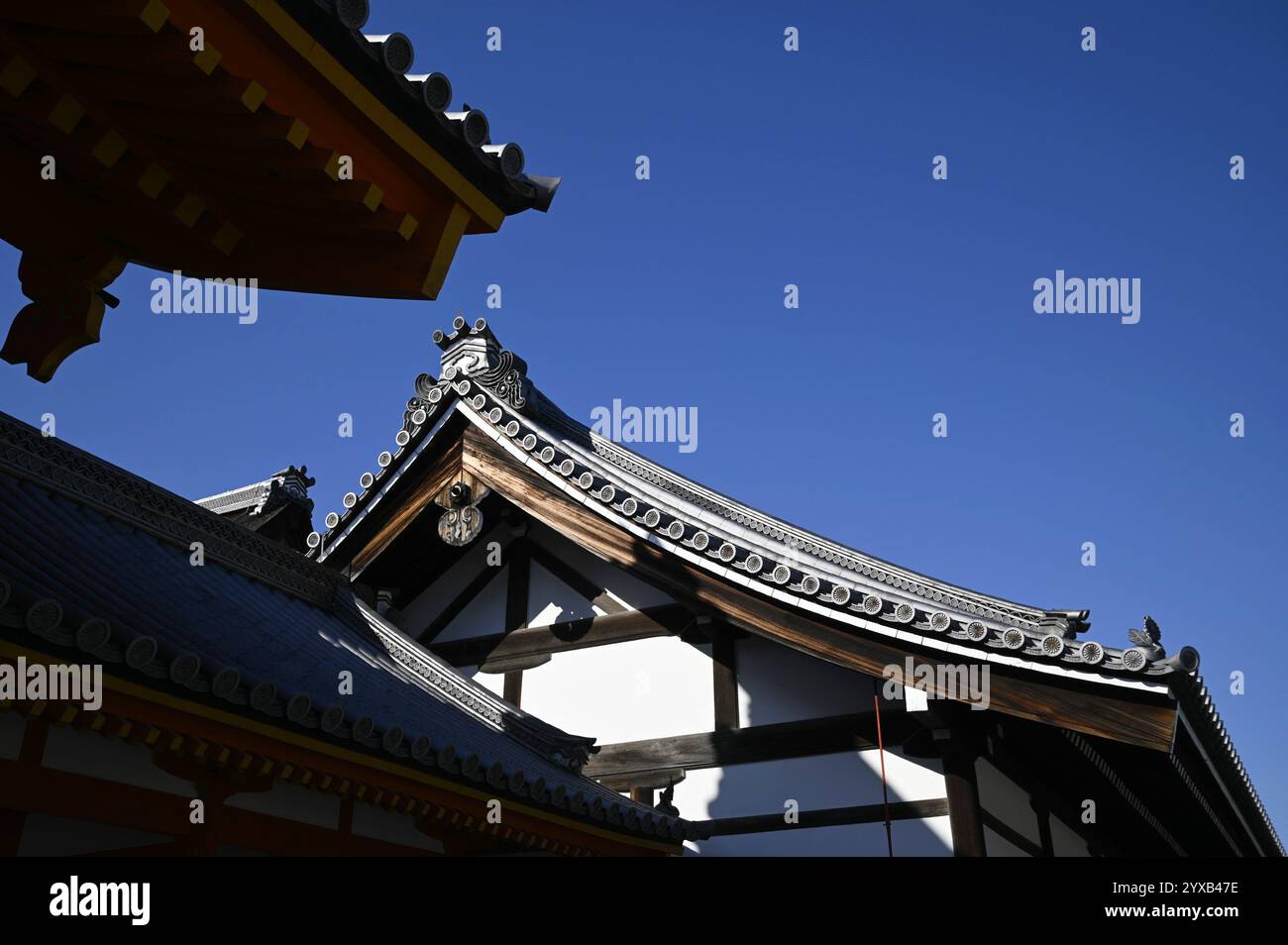 Japanese Hinoki cypress-bark-shingled roof of the Showa era Kogosho ...