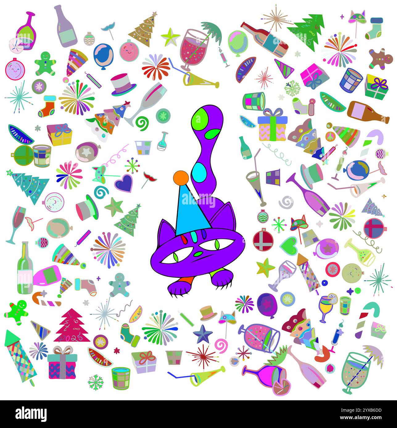 Kids card with cat in party hat New Year props Cartoon vector ...