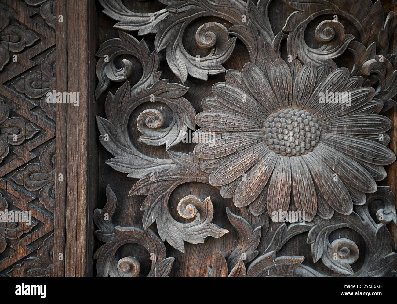 Traditional Japanese Horimono relief wood carvings at the entrance door ...