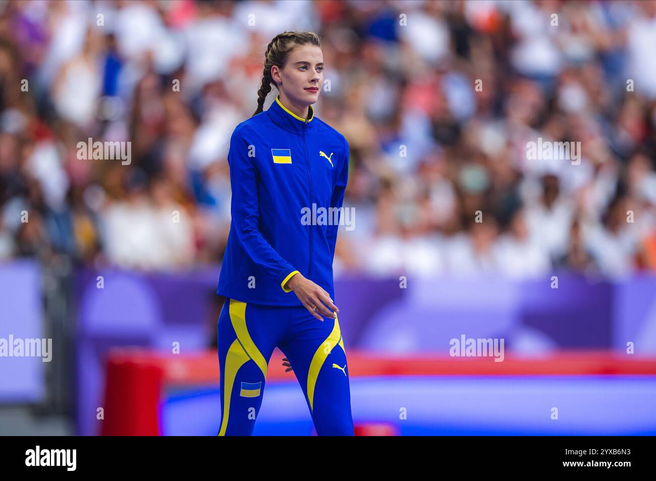 Yaroslava Mahuchikh participating in the high jump at the Paris 2024 ...