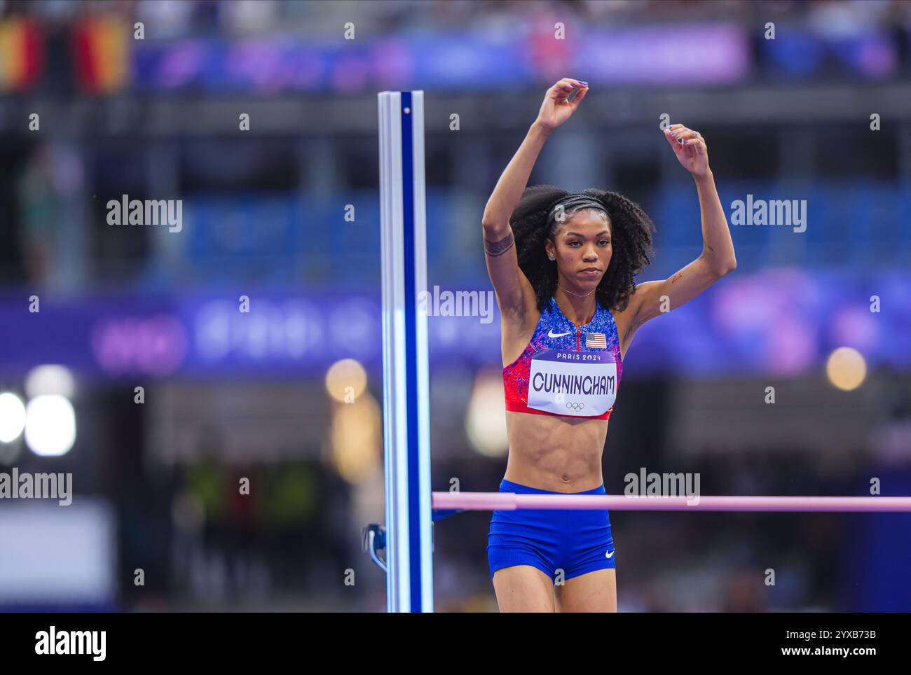 Vashti Cunningham participating in the high jump at the Paris 2024 ...
