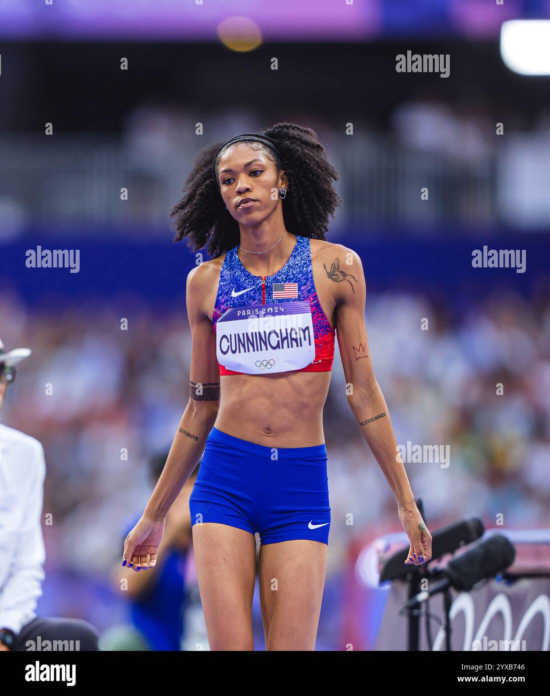 Vashti Cunningham participating in the high jump at the Paris 2024 ...