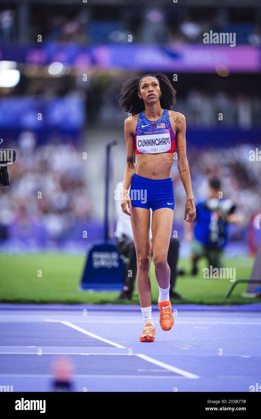 Vashti Cunningham participating in the high jump at the Paris 2024 ...