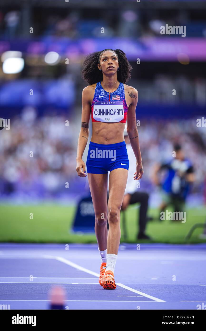 Vashti Cunningham participating in the high jump at the Paris 2024 ...