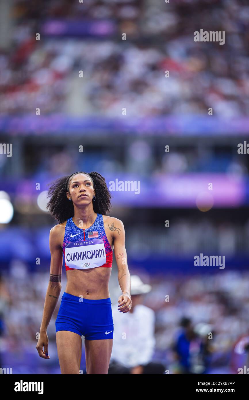 Vashti Cunningham participating in the high jump at the Paris 2024 ...