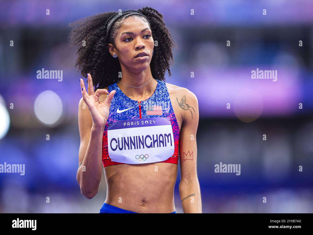 Vashti Cunningham participating in the high jump at the Paris 2024 ...