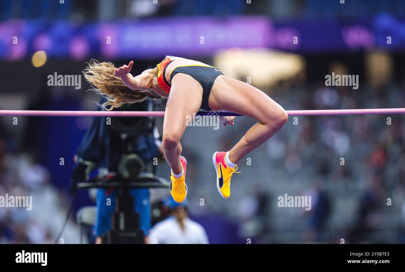 Christina Honsel participating in the high jump at the Paris 2024 ...