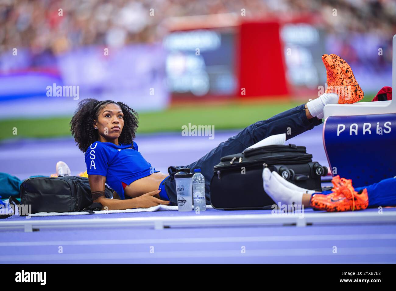 Vashti Cunningham participating in the high jump at the Paris 2024 ...