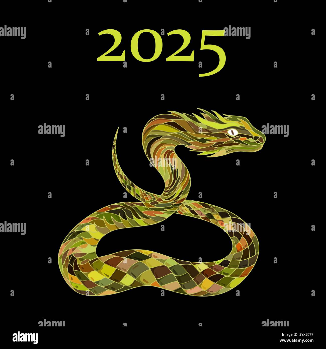 New Year poster with colorful snake 2025, Strict card on black ...