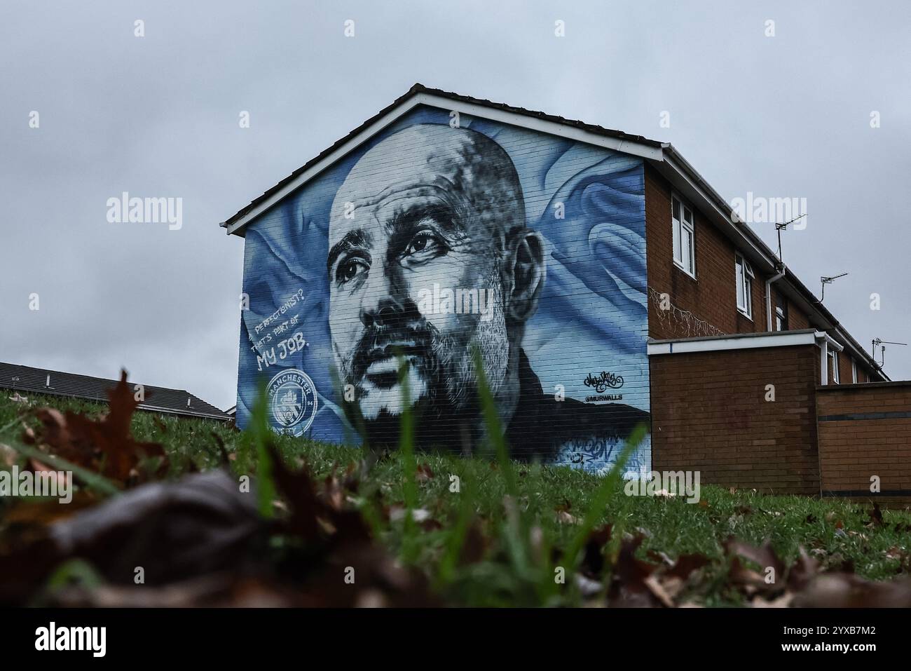 A Pep Guardiola mural in the nearby streets of the Etihad during the ...