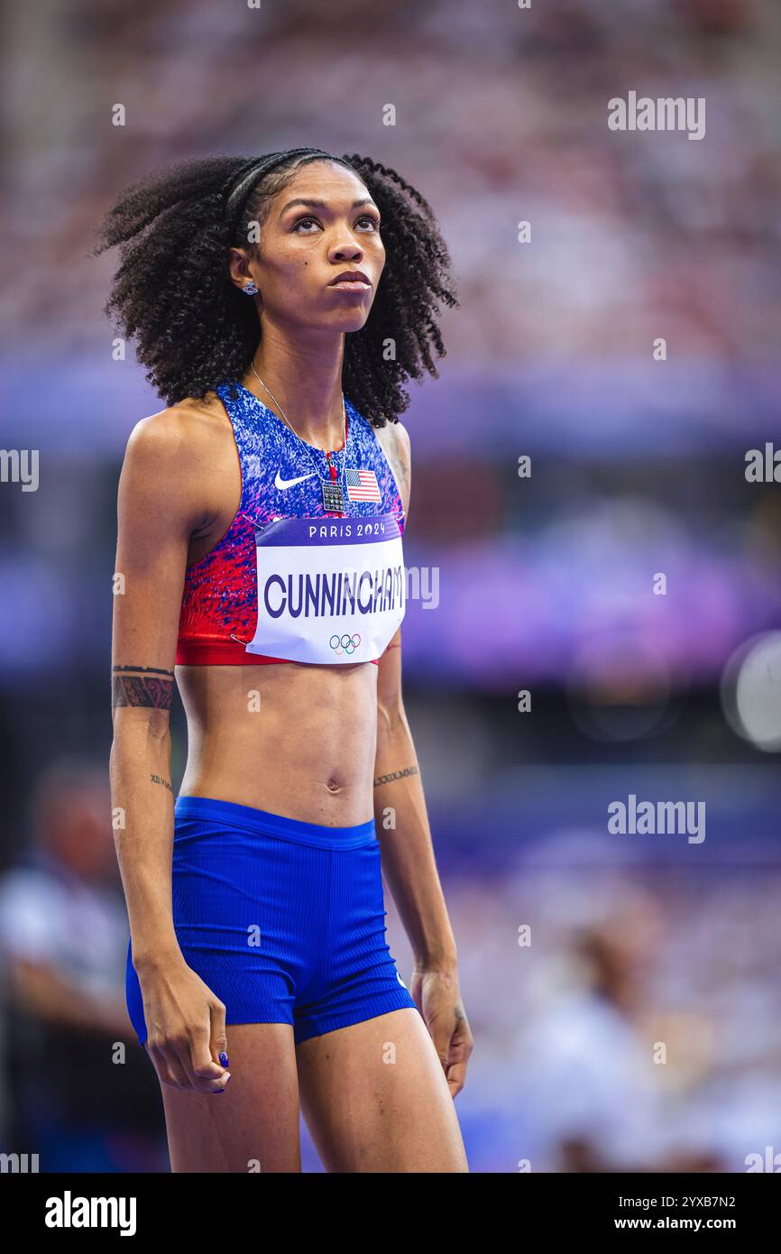 Vashti Cunningham participating in the high jump at the Paris 2024 ...
