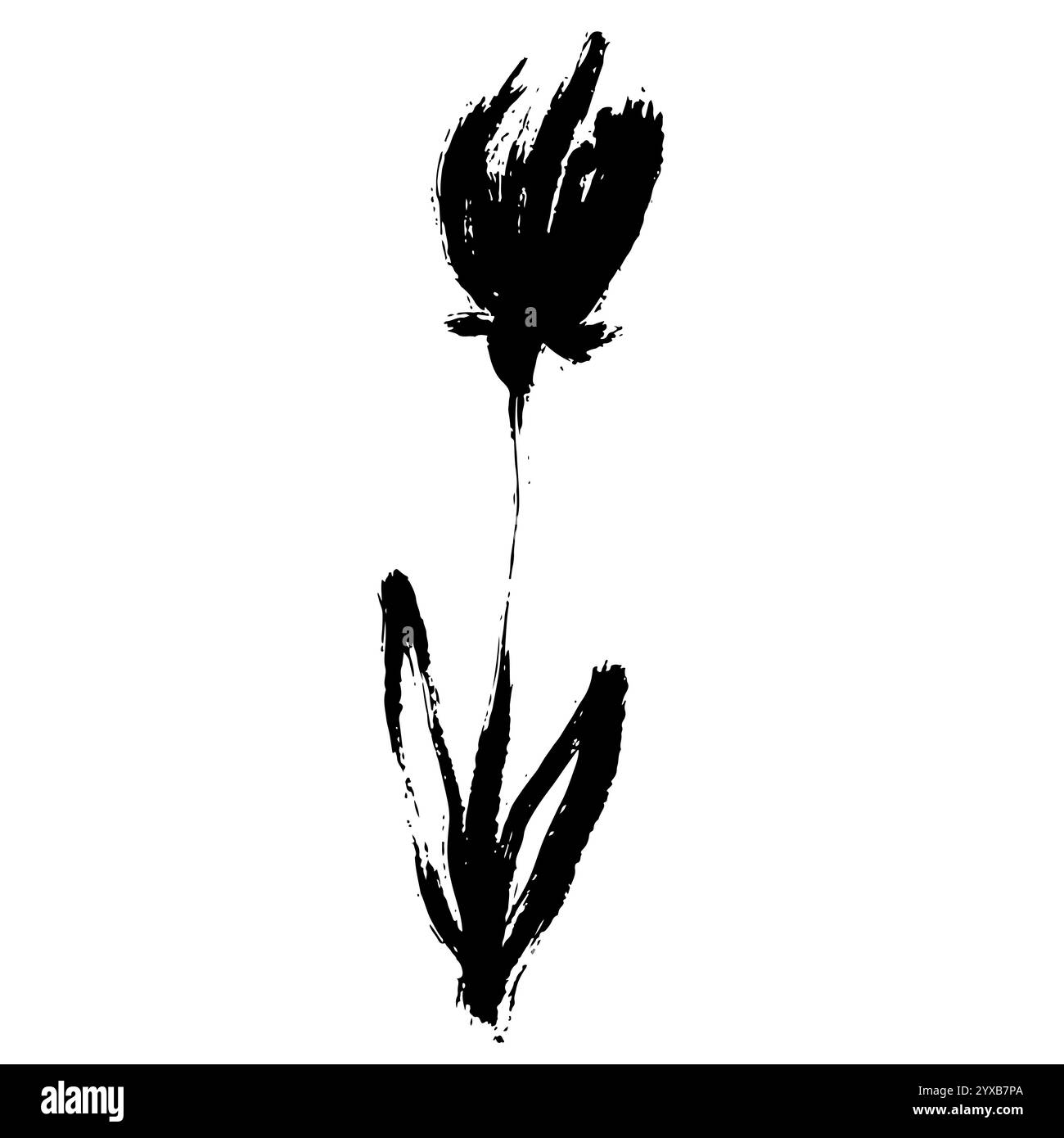 Hand Drawn Brush Flower and Leaves Silhouette. Vector Illustration ...