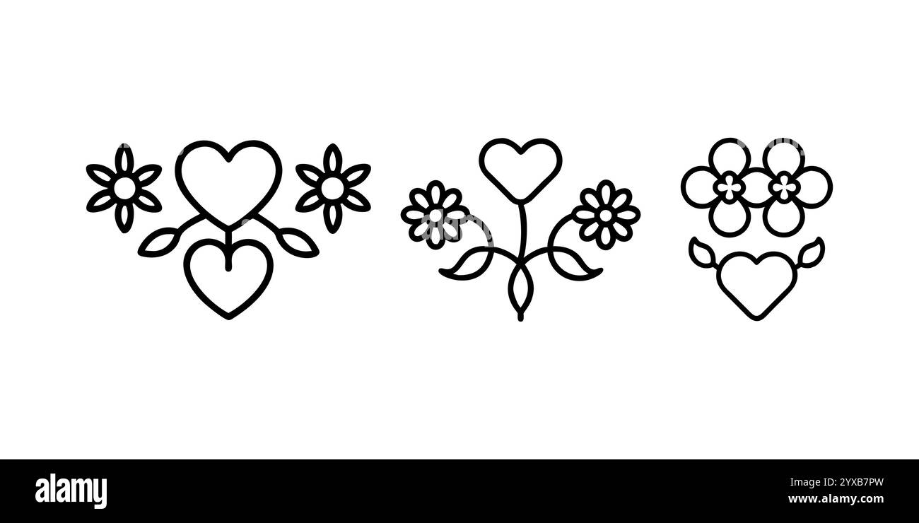 flower heart icon set, linear style sign for mobile concept and web ...