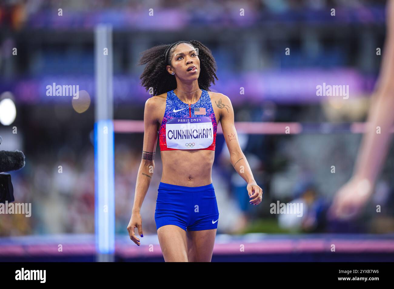 Vashti Cunningham participating in the high jump at the Paris 2024 ...