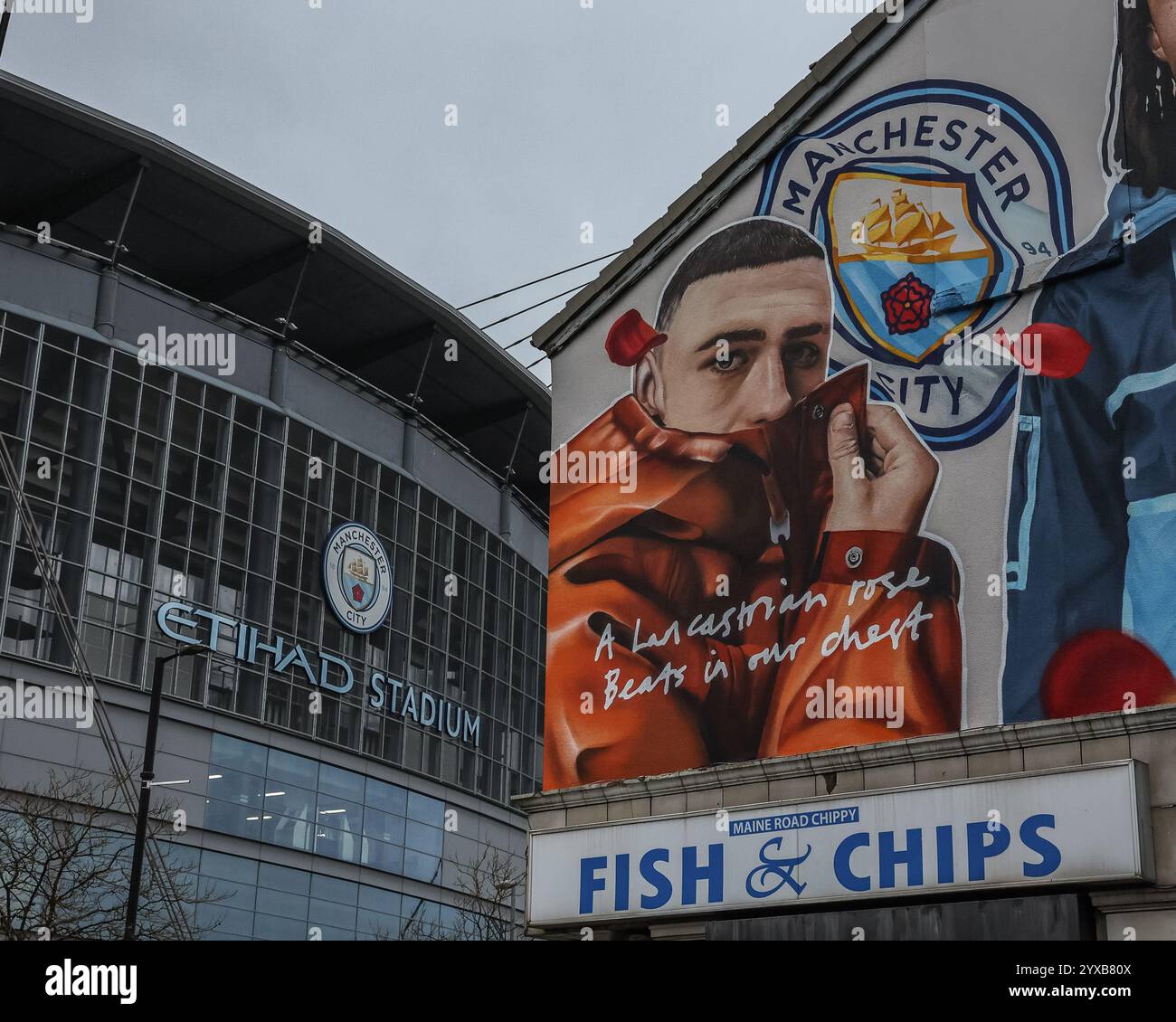 Phil Foden of Manchester City mural on the wall of Main Road Chippy ...