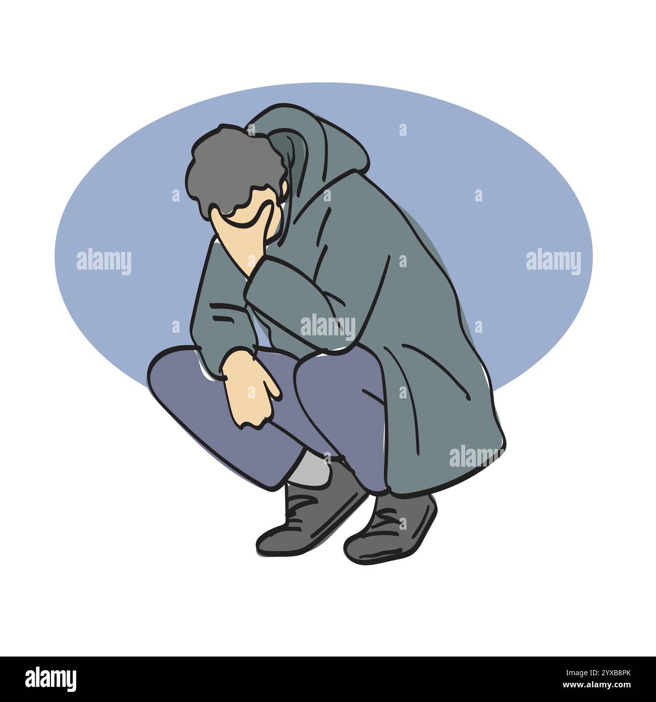 Man holding his head in distress illustration vector hand drawn isolated on white background ...