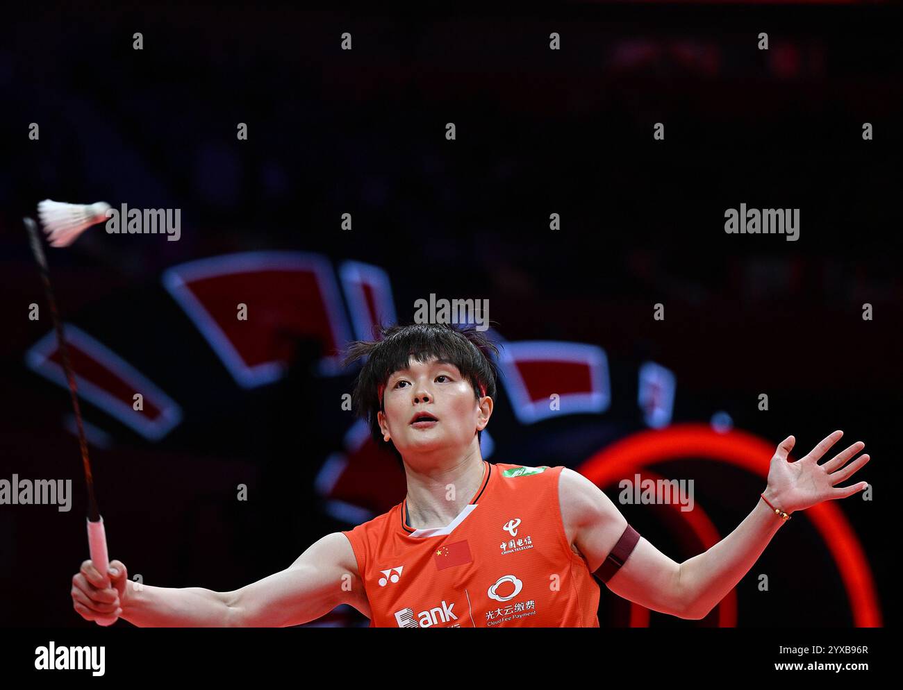 (241215) -- HANGZHOU, Dec. 15, 2024 (Xinhua) -- Wang Zhiyi hits a return during the women's ...