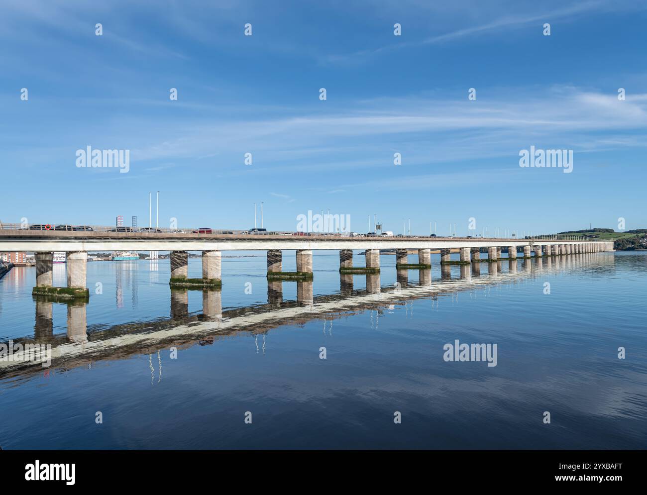 The Tay Road bridge reflected in the River Tay, Dundee, Angus, Scotland ...
