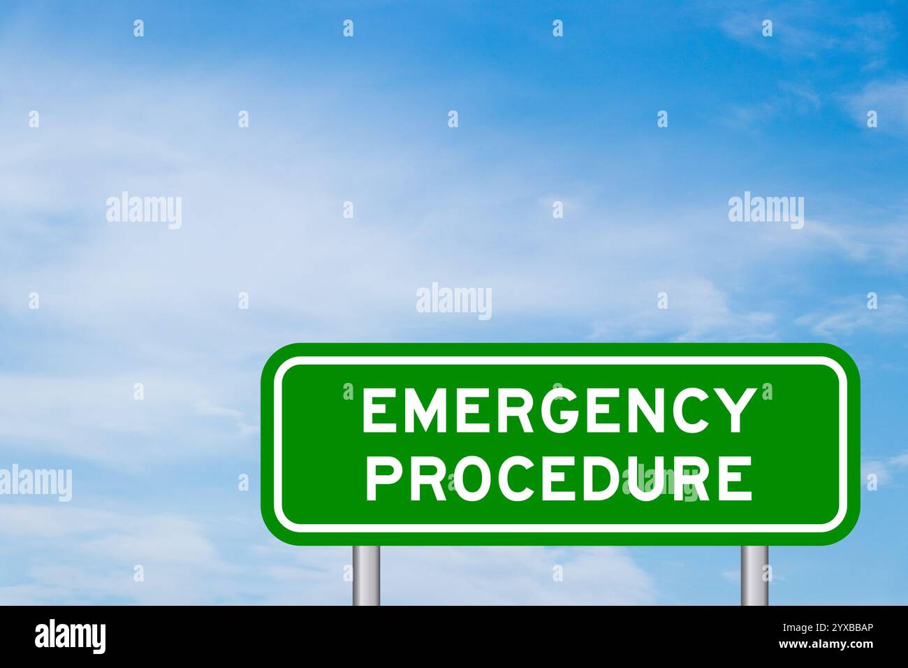 Green color transportation sign with word emergency procedure on blue ...