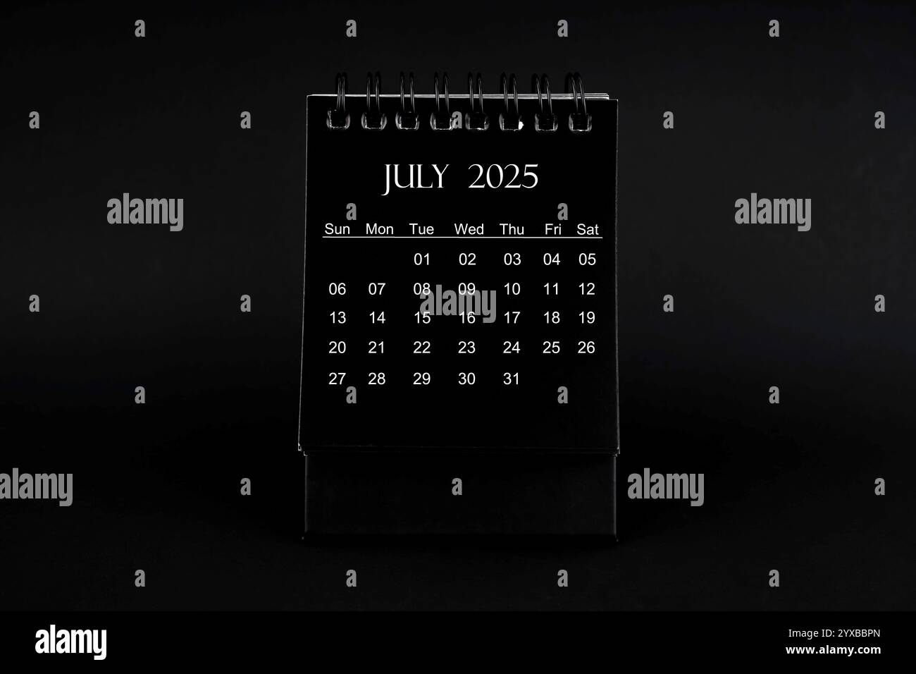 Black Calendar for July 2025. Desktop calendar on a black color ...