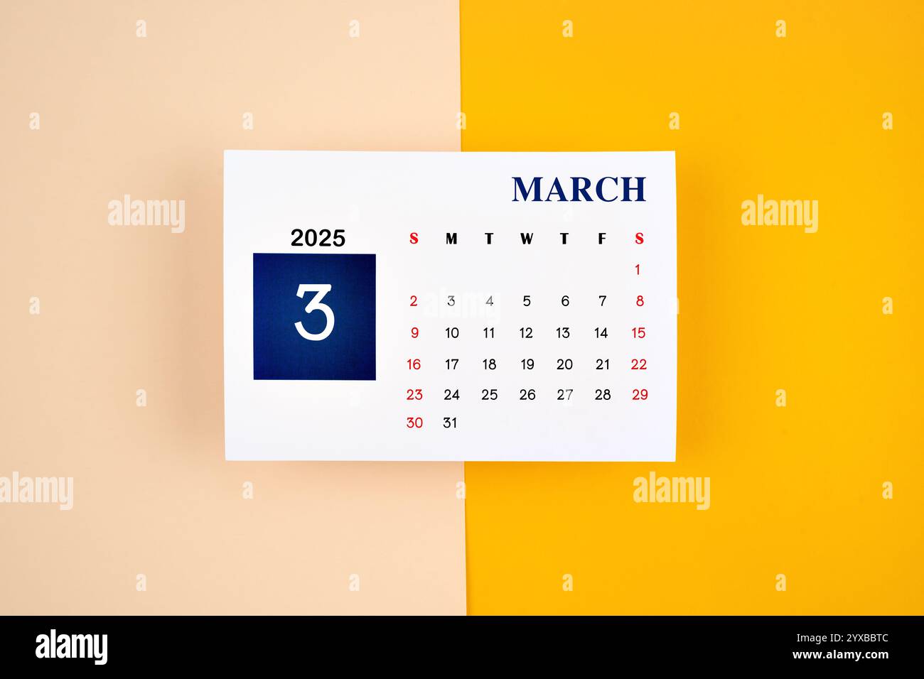 March Calendar 2025 page on yellow color background Stock Photo - Alamy