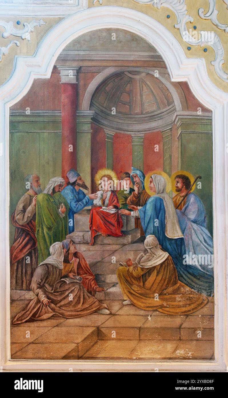 Twelve-year-old Jesus in the temple, fresco in the parish Church of Our ...
