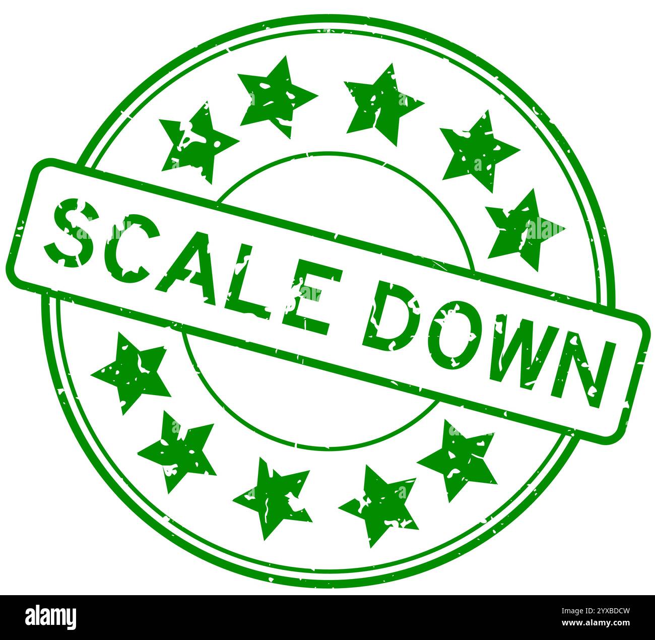Grunge green scale down word with star icon round rubber seal stamp on ...