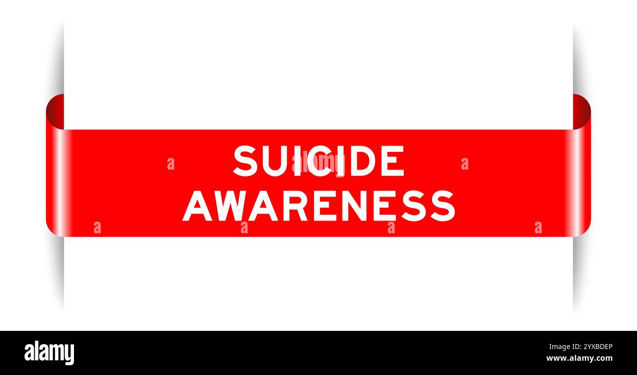 Red color inserted label banner with word suicide awareness on white ...