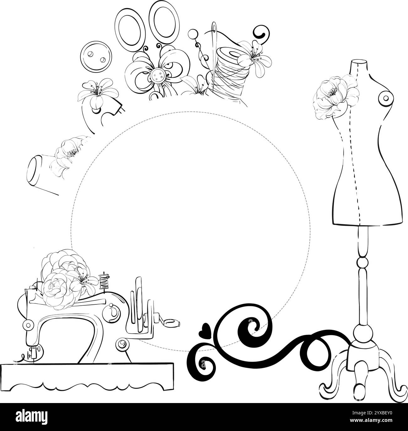 Vintage sewing tools template - sewing machine, scissors, buttons, pin ...