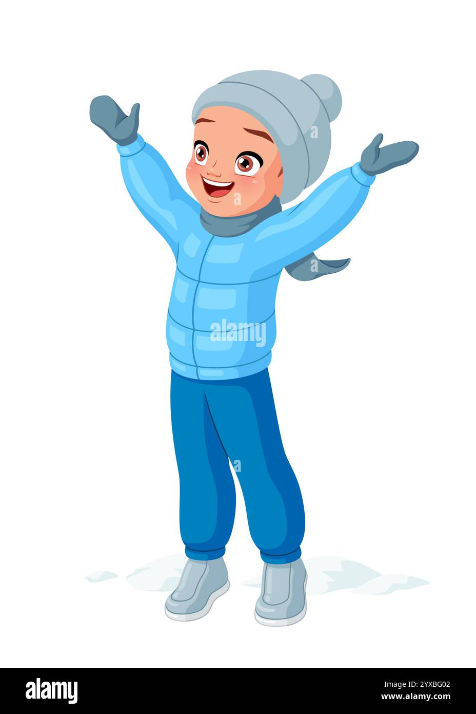 Happy little boy in winter clothes with raised arms playing outside ...
