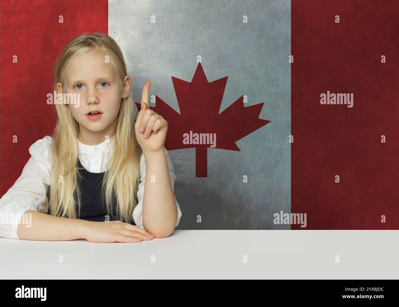 Clever young child girl on Canadian flag background. Education and study language in Canada ...