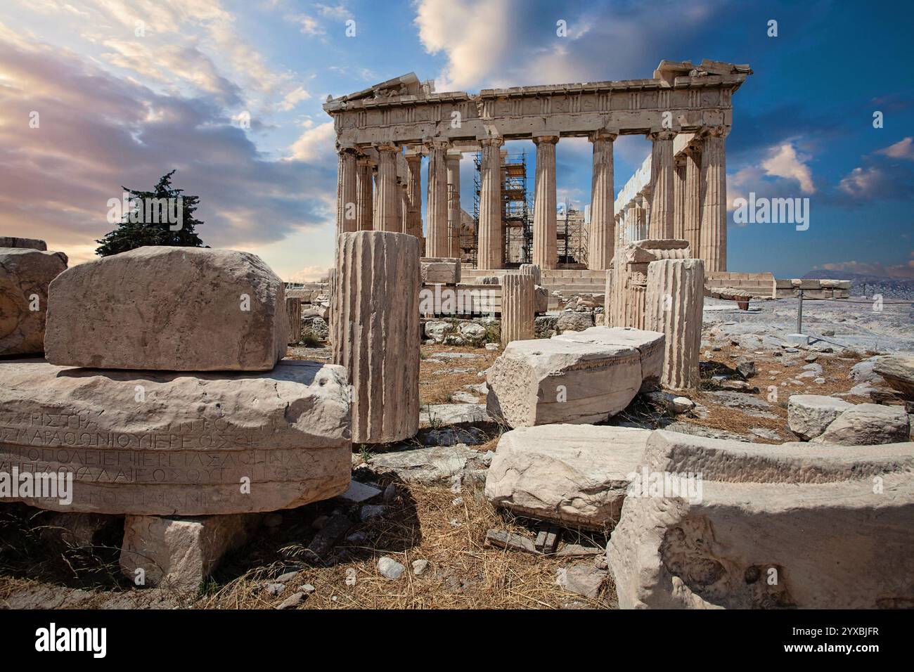 Ancient greek culture. Column and blue sunset sky clouds in Acropolis ...