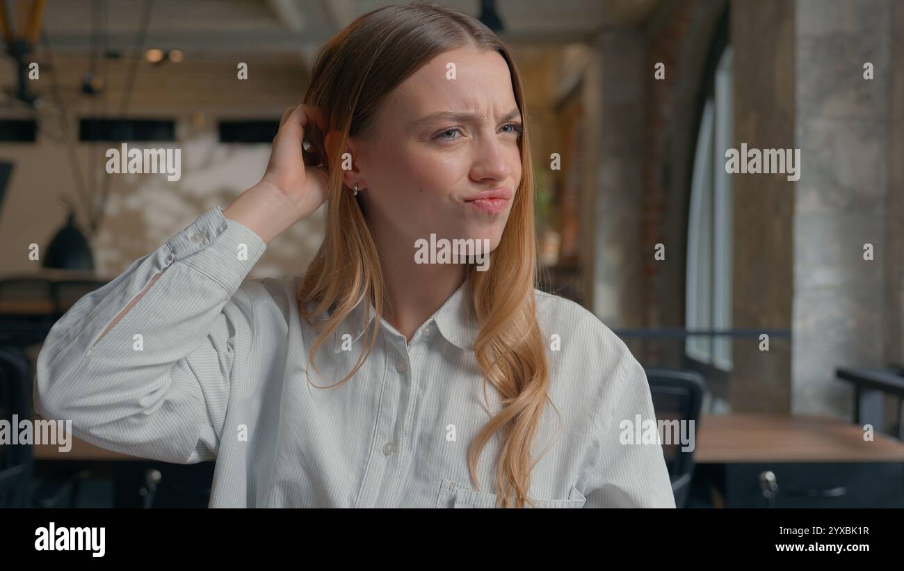 Business financial data work in office confused Caucasian girl analyze ...