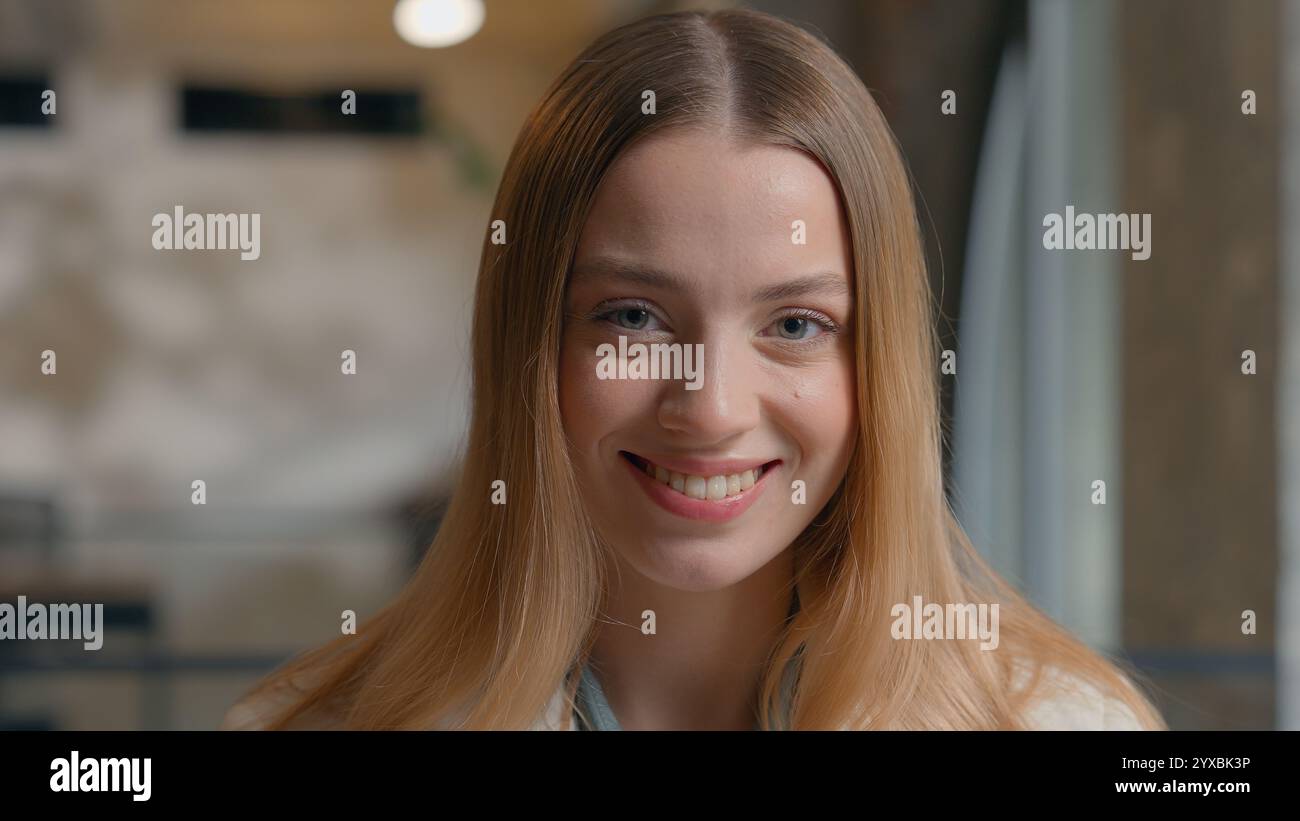 Business portrait Caucasian smiling toothy happy businesswoman student ...