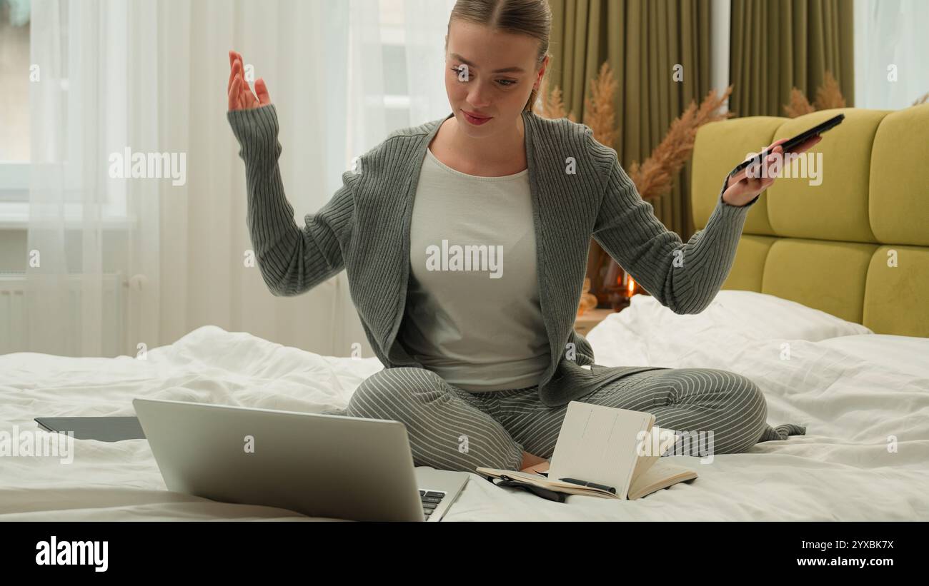 Stressed multitasking woman girl female student freelancer at home ...