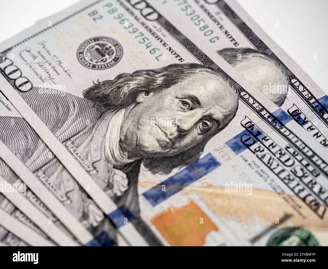 Closeup 100 dollars bill banknote with inventor and U.S. founding ...