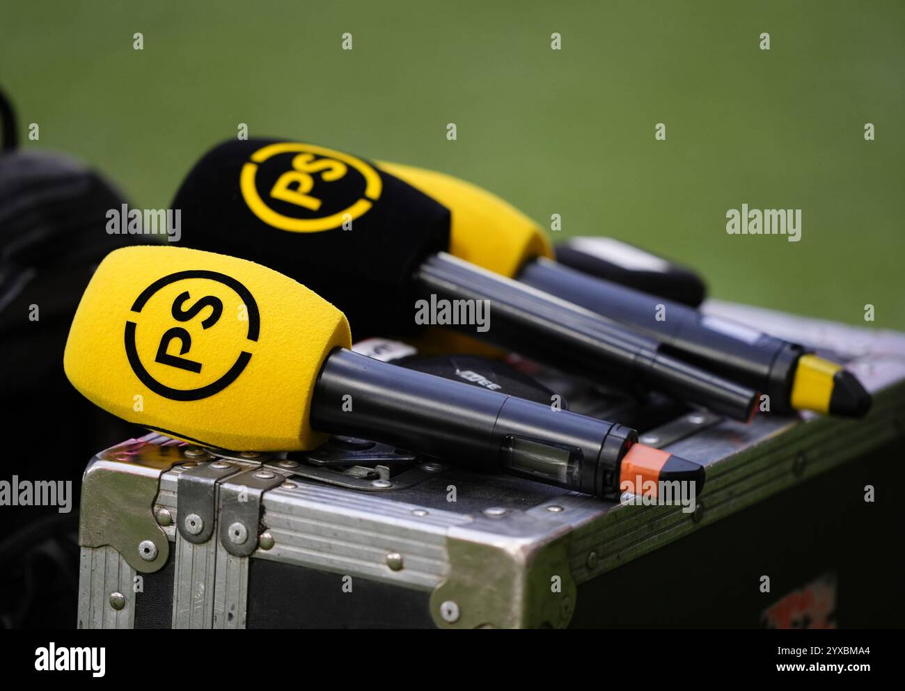A close up of Premier Sports microphones pitch side before the Premier ...
