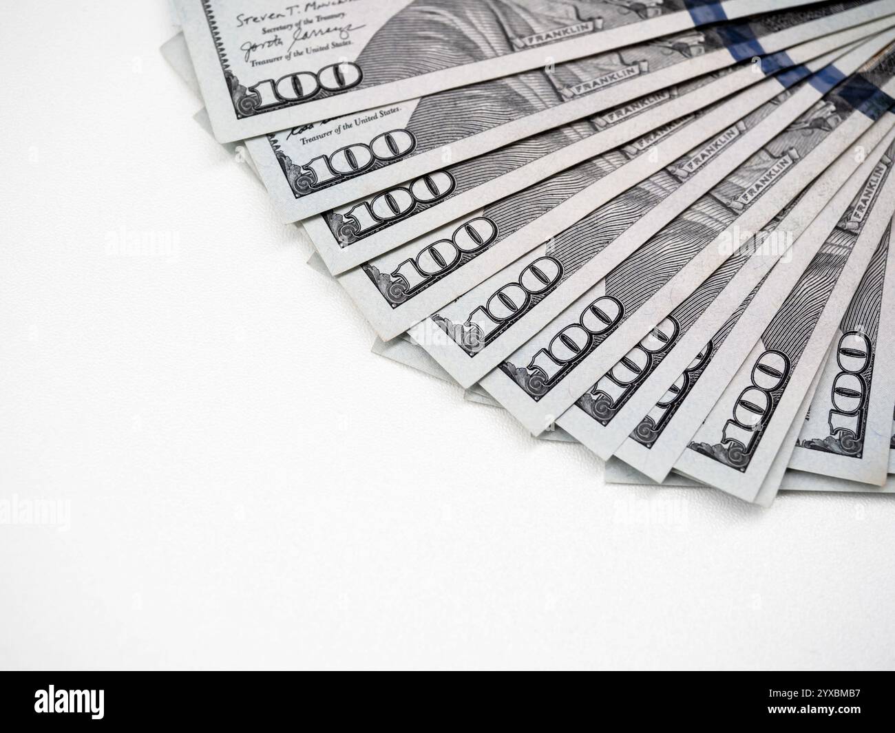 Close-up of 100 us Dollars, money banknotes, arranged as a fan, money ...