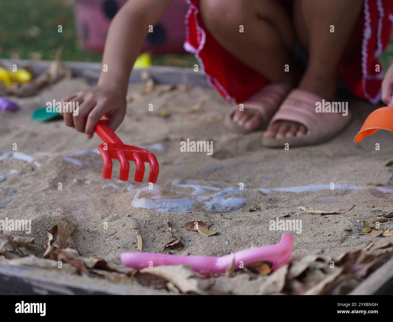 A cute little girl is learning about excavating a simulated dinosaur ...