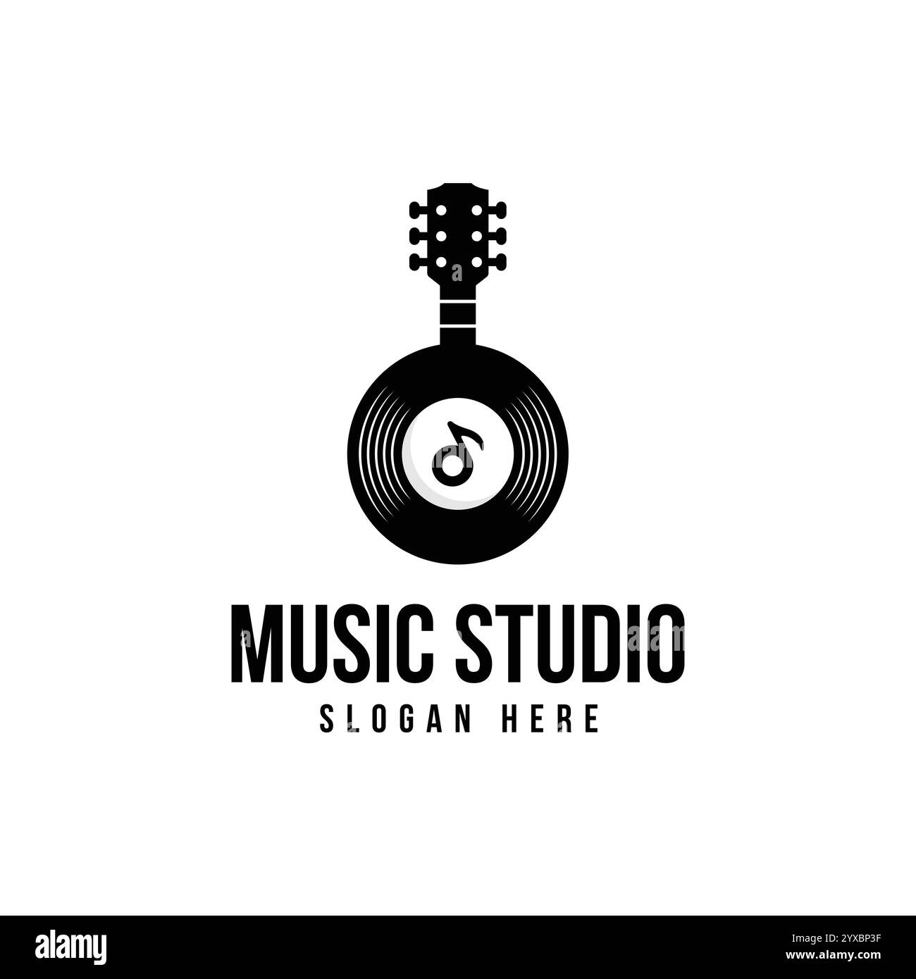 Vinyl record and guitar logo template. Vector music icon or emblem ...