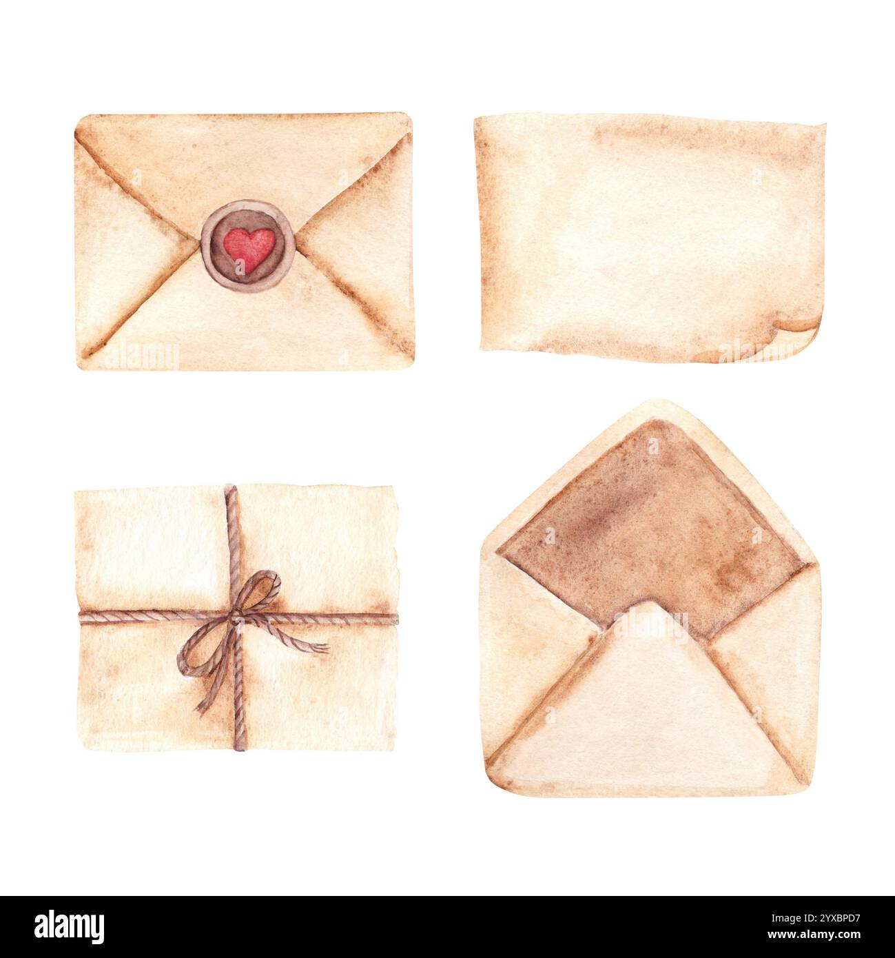 Set of Old Envelopes, Paper and Letters in Vintage style. Watercolor ...