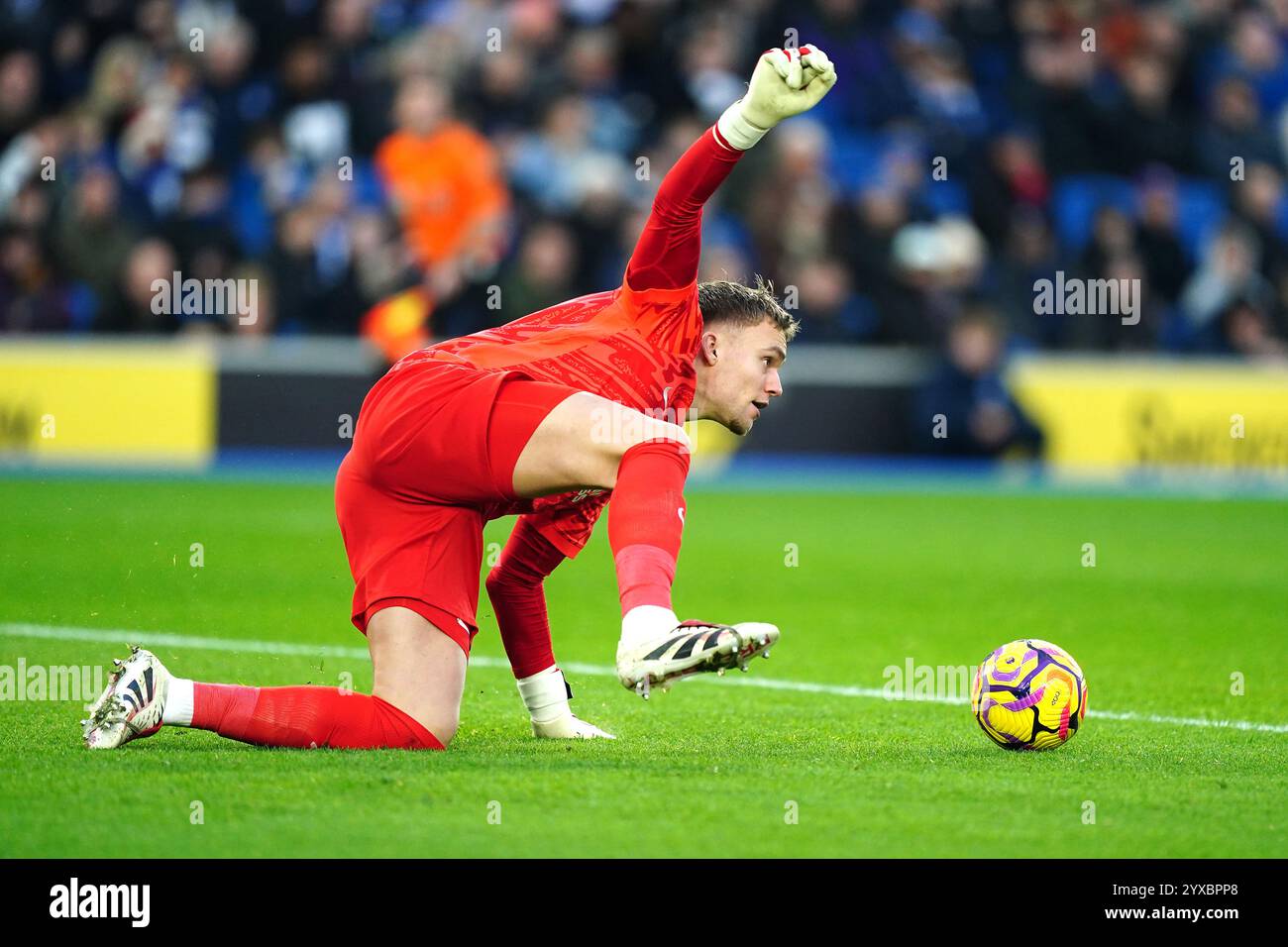 Brighton and Hove Albion goalkeeper Bart Verbruggen reacts after a back ...