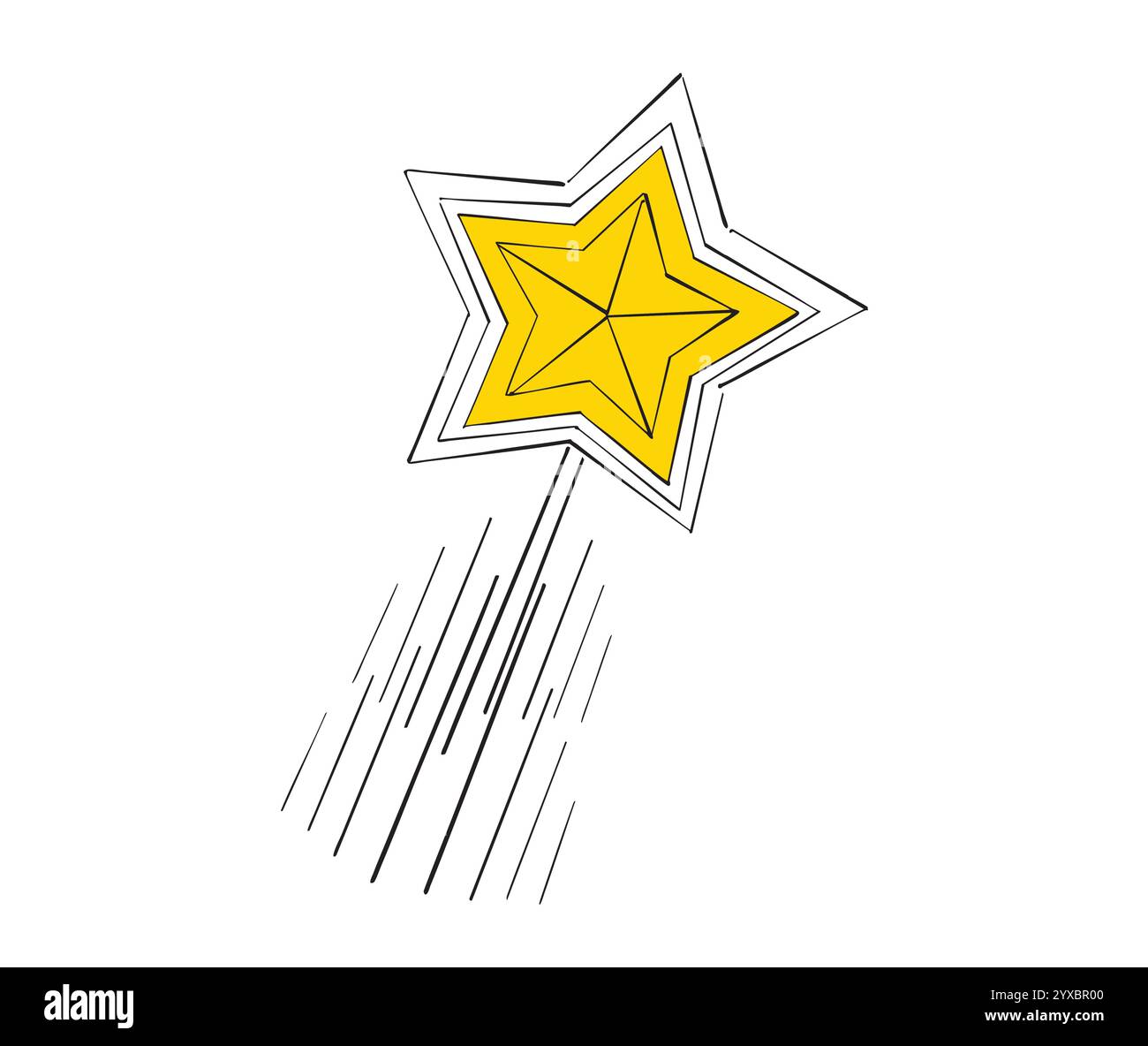 Yellow shooting star flying through white background leaving trail ...