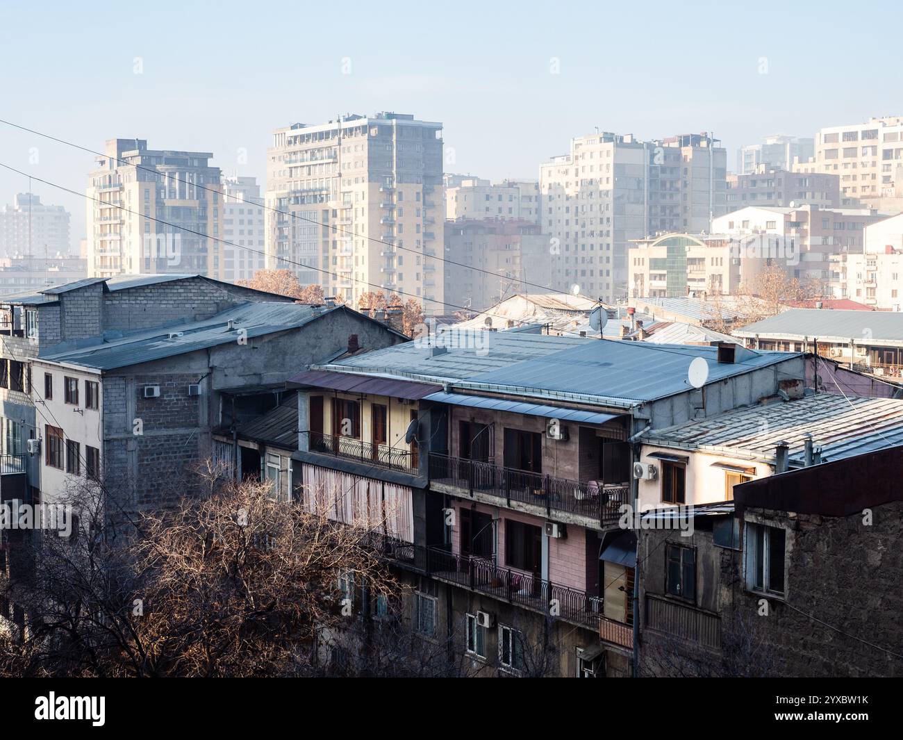 above view of apartment buildings of Yerevan city in sunny winter ...