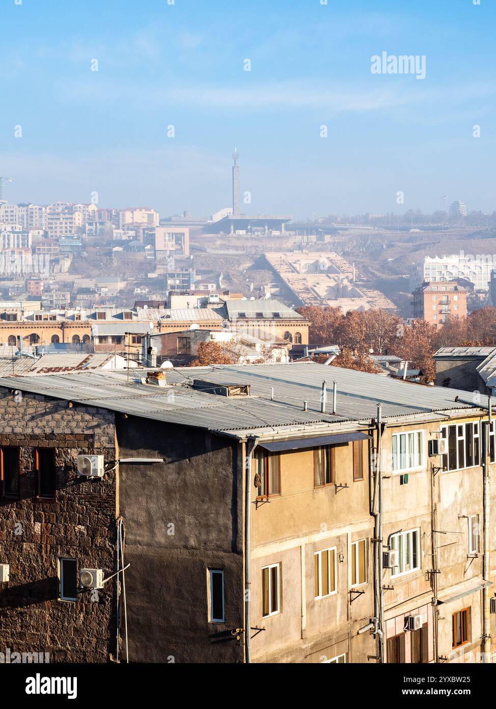 skyline of Yerevan city in sunny winter morning with smog in air Stock ...