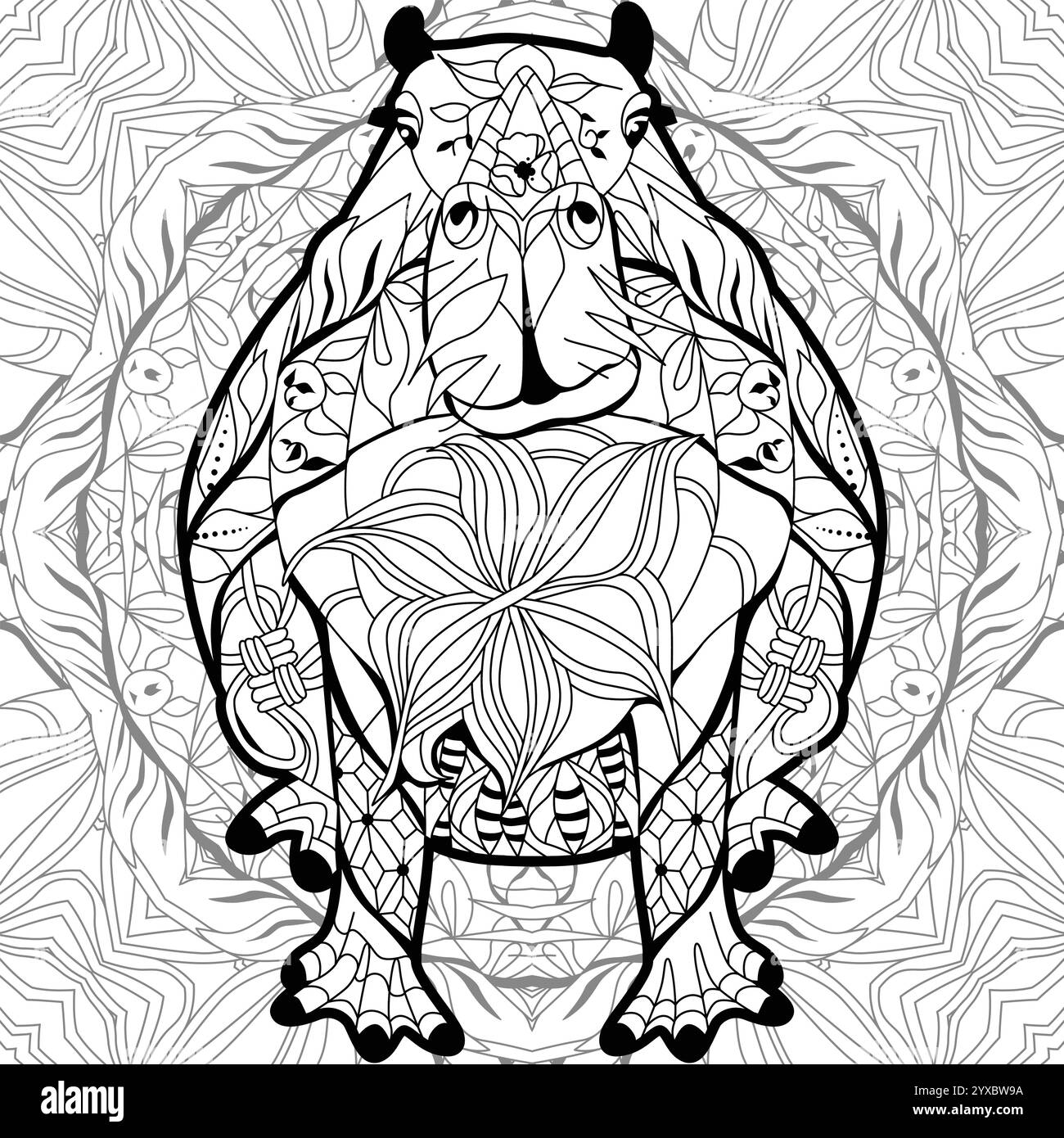 Zentangle stylized Capybara on square ornament for coloring. Hand drawn ...