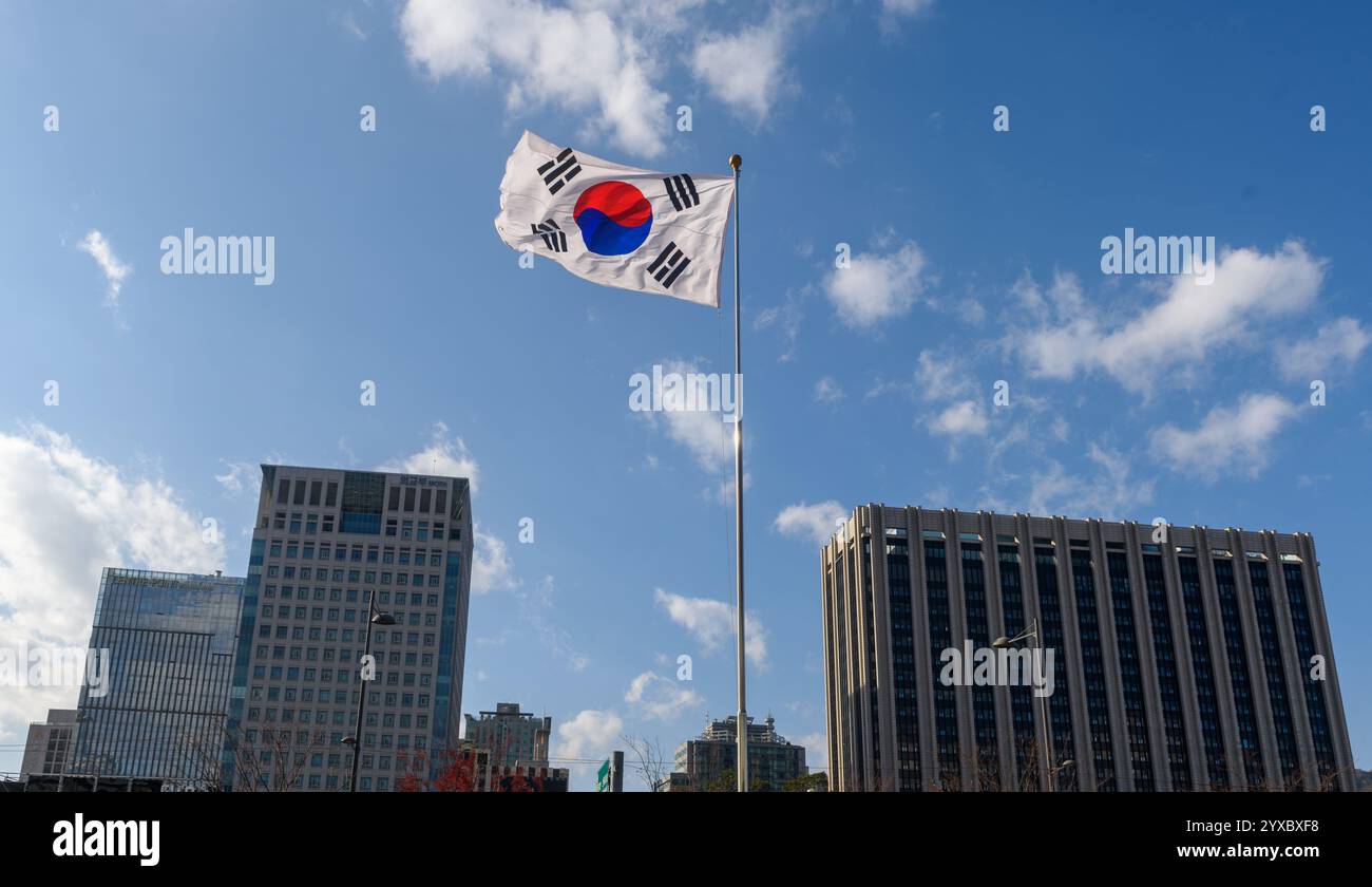 Seoul, South Korea. 15th Dec, 2024. A South Korean flag is flying in ...