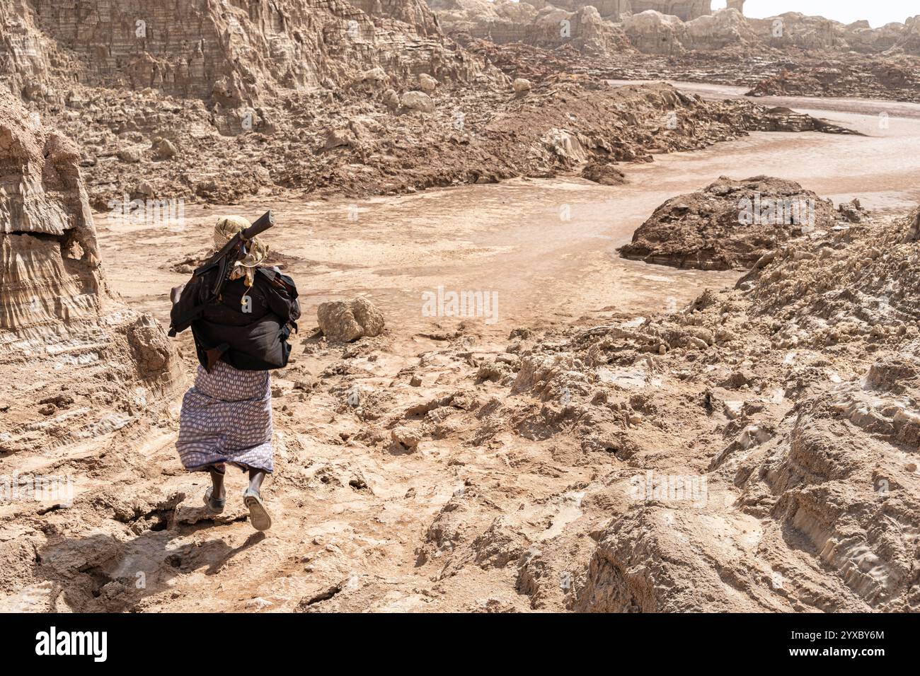 Security guard with volcanic landscape of Dallol in Background ...