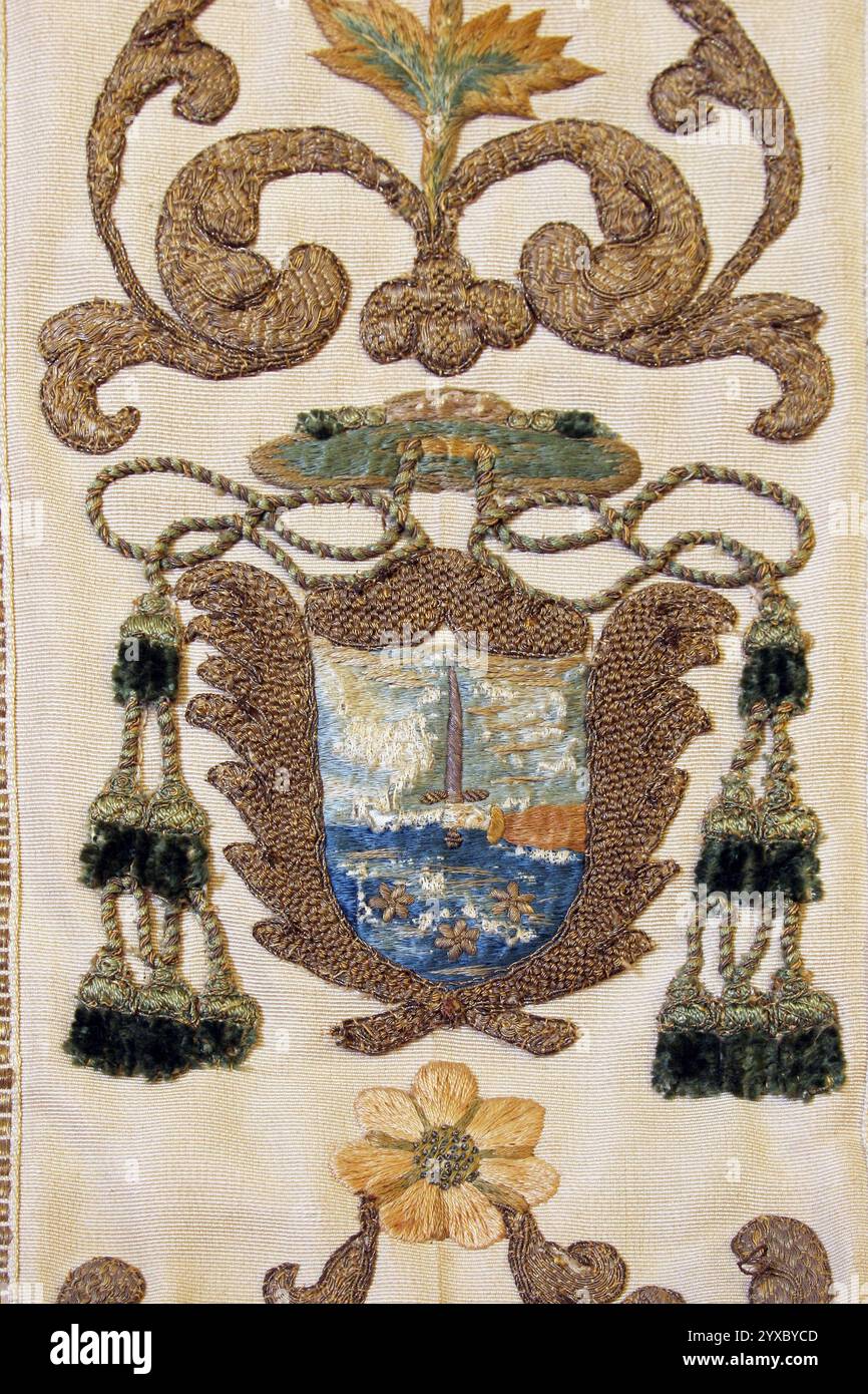 Episcopal coat of arms on the Chasuble of Korcula bishop Nikola Spanic ...