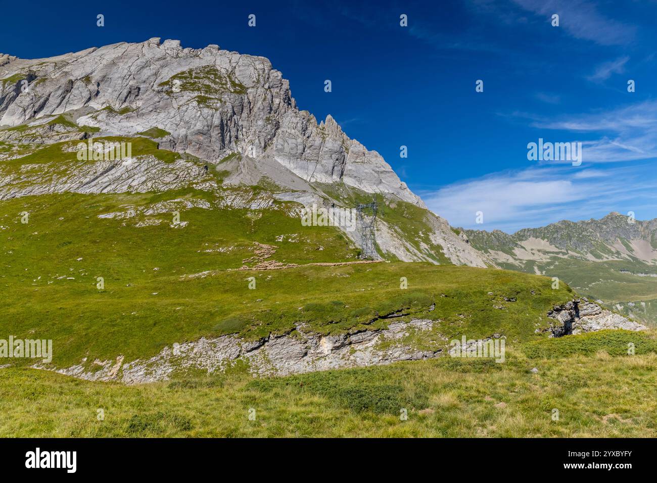 Alps scenic landscape on Tour du Montblanc. Rocky and snow summit peaks ...
